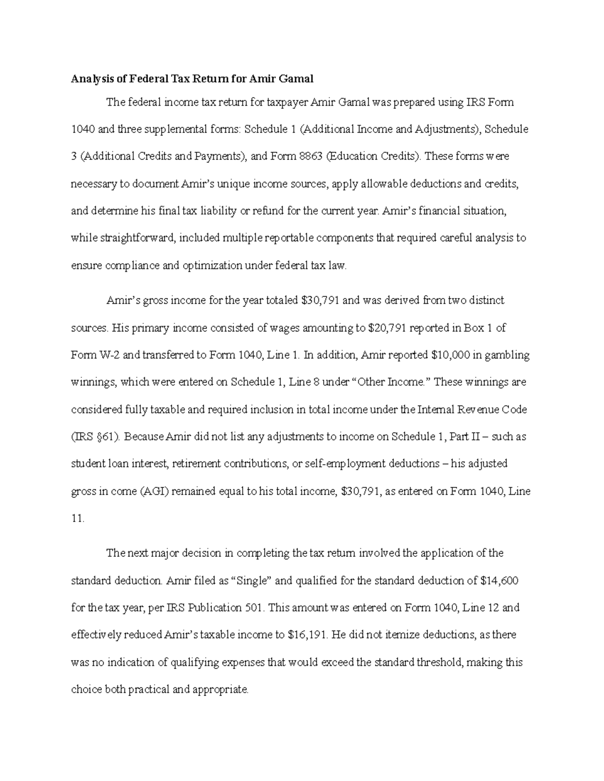 Federal Tax Return Analysis for Amir Gamal - Project 1 Summary - Studocu