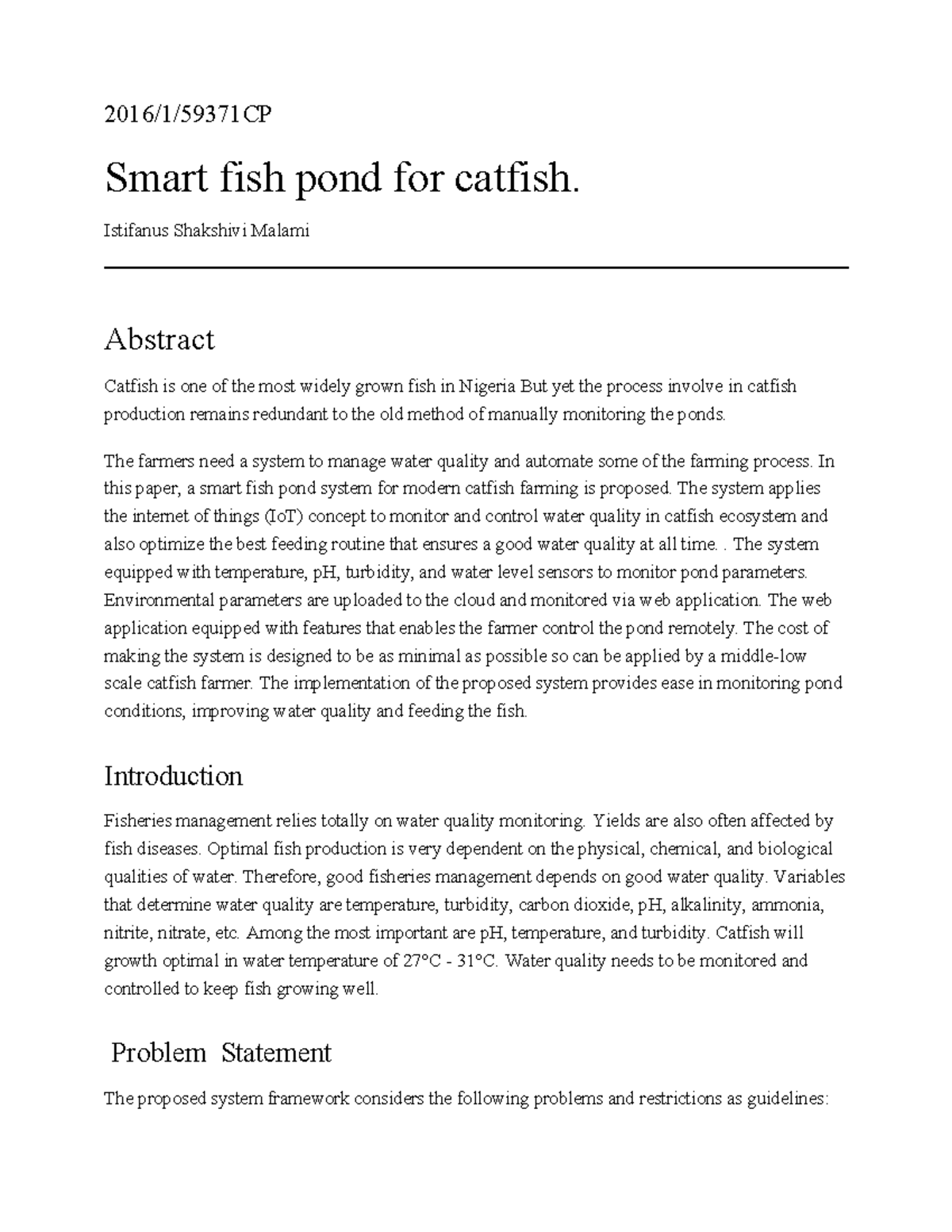 Smart Fish Pond System for Catfish Farming: IoT Implementation - Studocu
