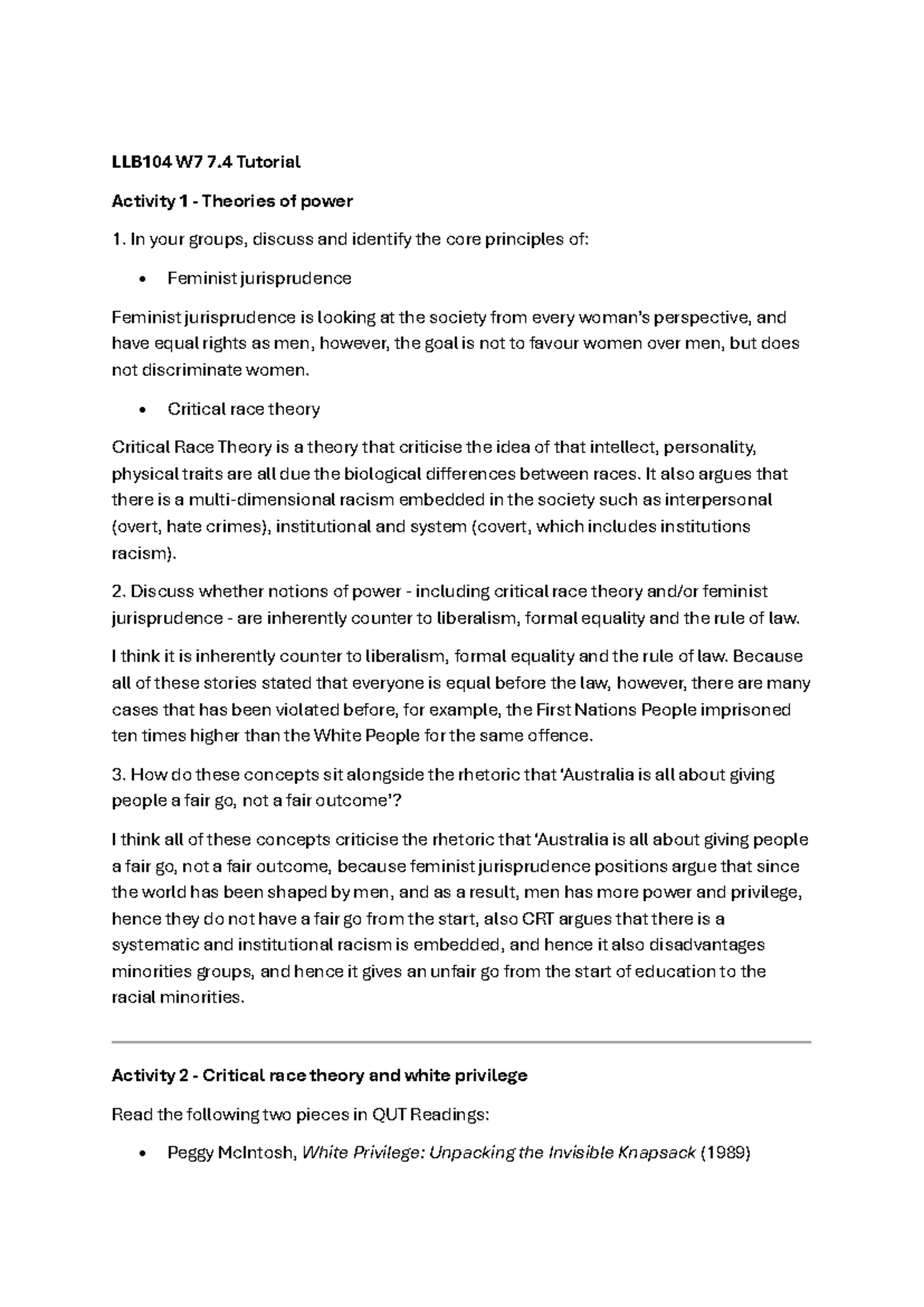 LLB104 W7 Tutorial Activity: Theories of Power & Critical Race Theory ...