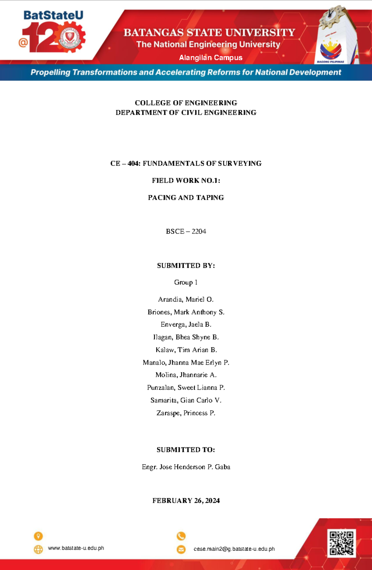 Field Work 1: Pacing and Taping Analysis - CE 404 Group 1 Reports - Studocu
