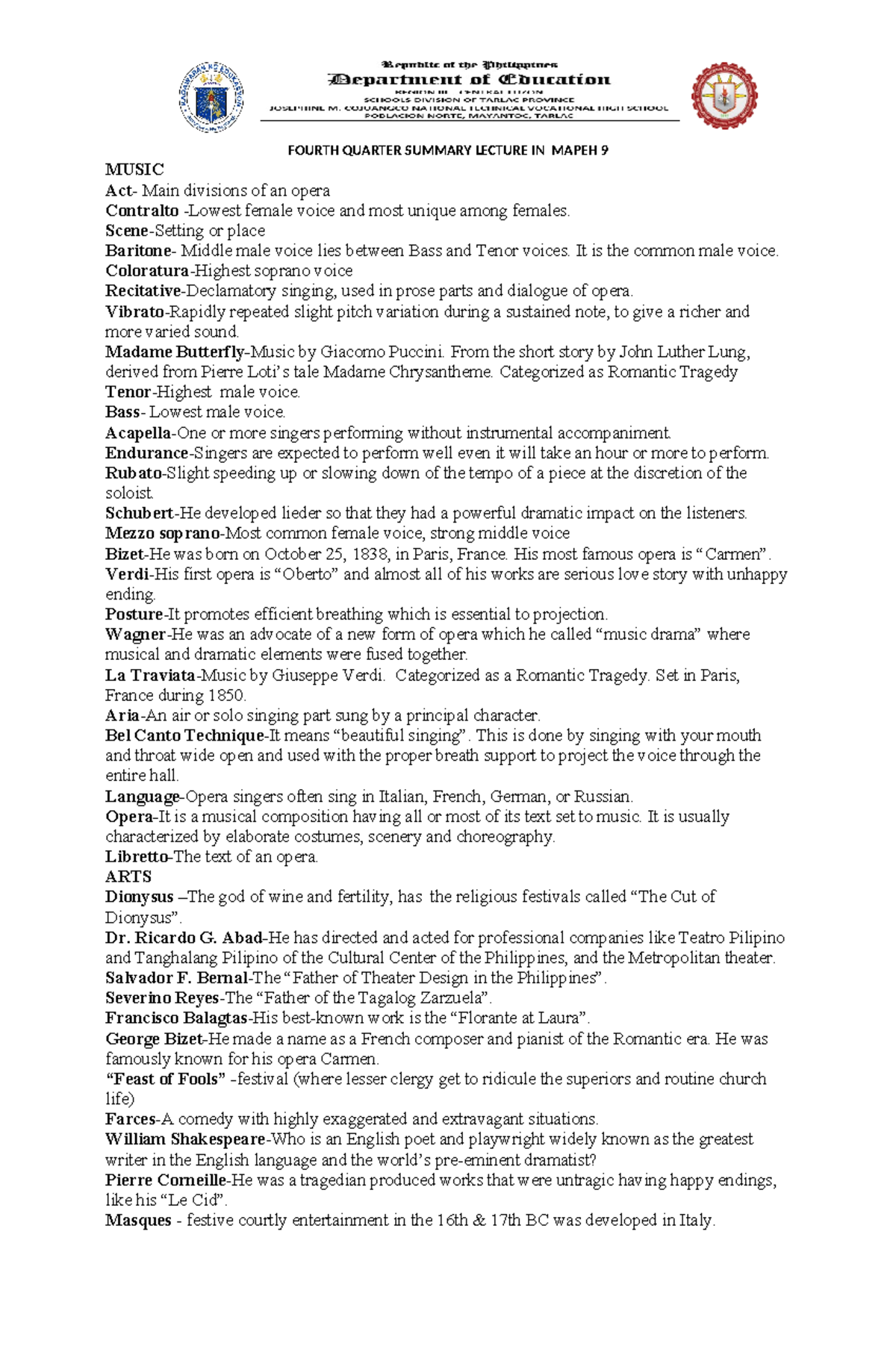 Fourth- Quarter- Lecture-NOTE- Mapeh-9-24 - FOURTH QUARTER SUMMARY ...