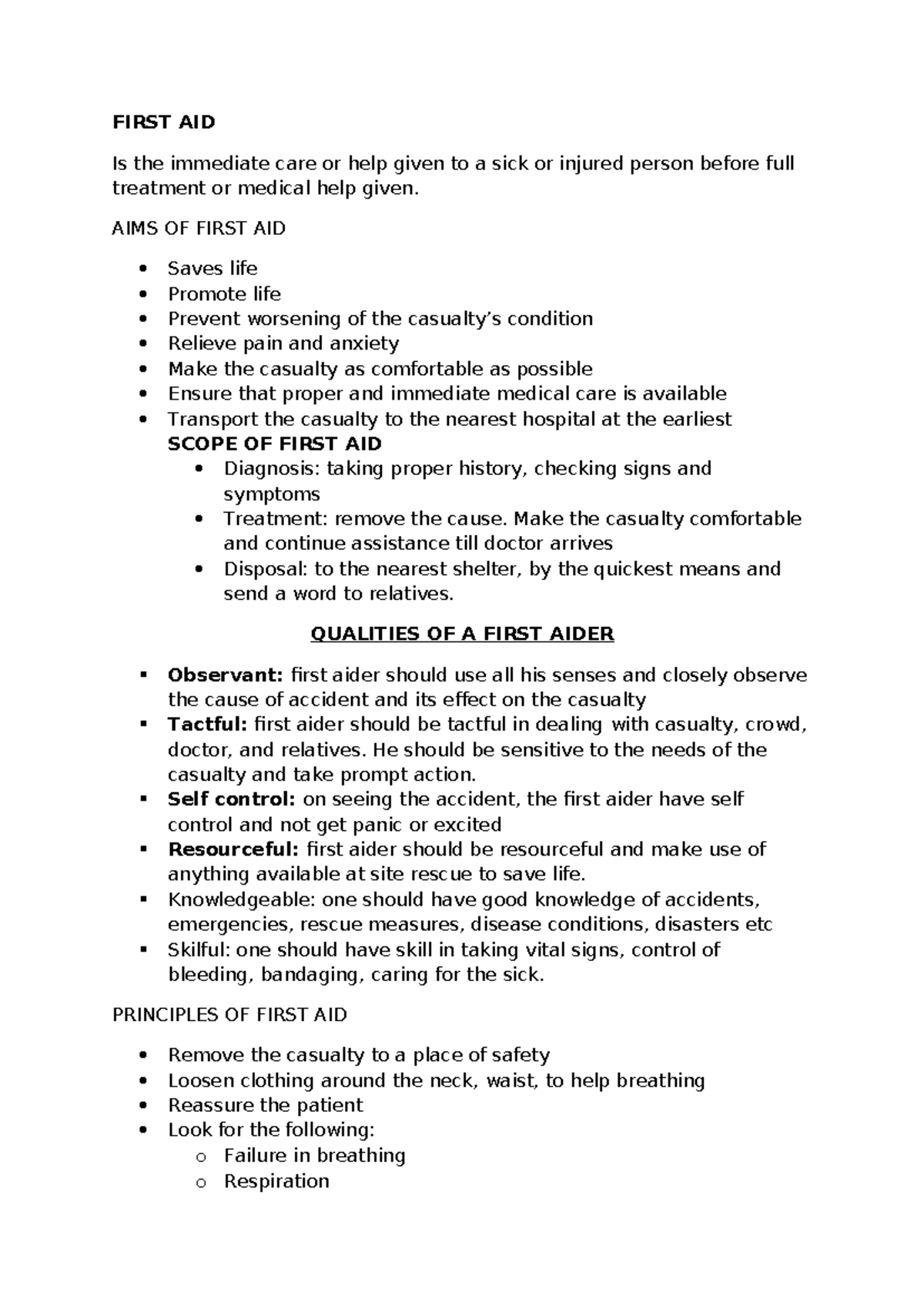 First Aid - Comprehensive Lecture Notes for Health Care (Course Code ...