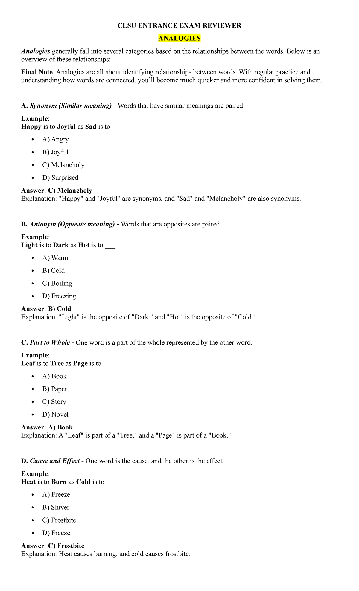 CLSU ENTRANCE EXAM REVIEWER: ANALOGIES & STRATEGIES - Studocu