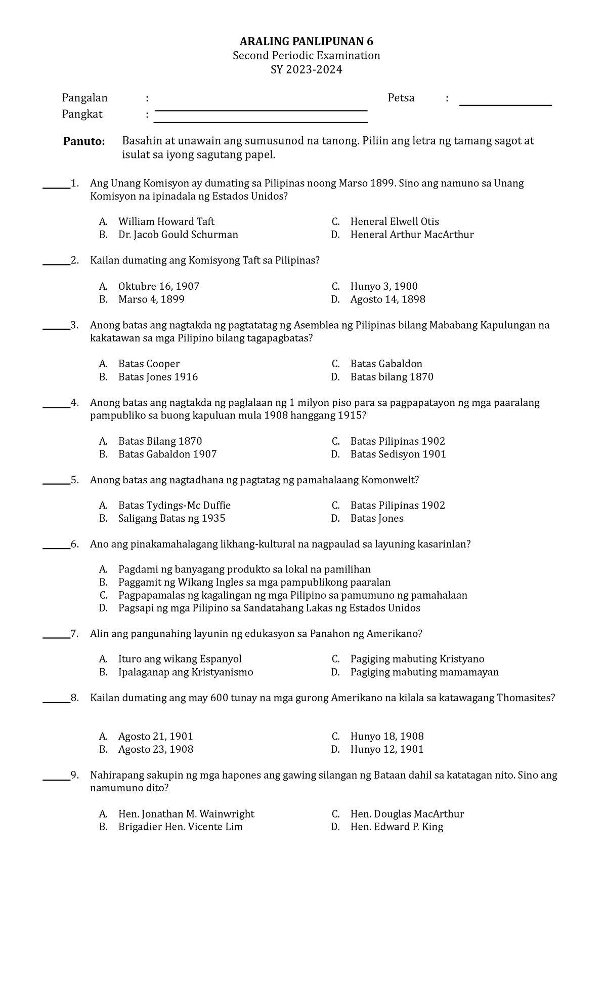 AP 6 Q2 PT NEW - prac mats - ARALING PANLIPUNAN 6 Second Periodic ...
