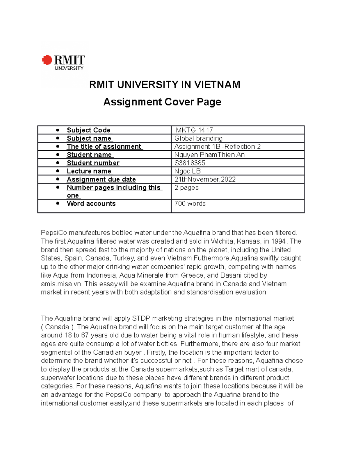 Aquafina brand assignment 1B - RMIT UNIVERSITY IN VIETNAM Assignment ...