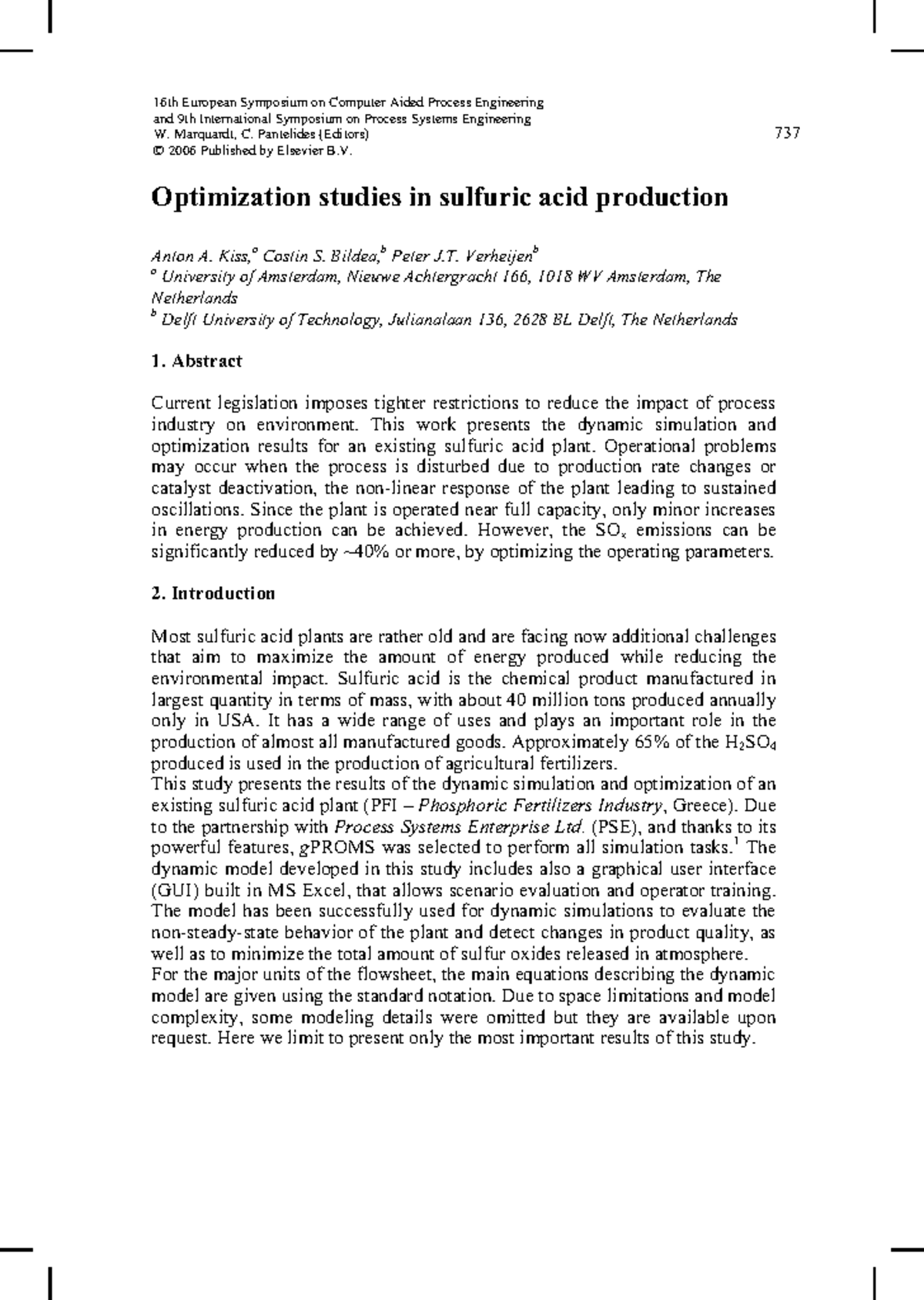Optimization studies in sulfuric acid production - Kiss,a Costin S ...