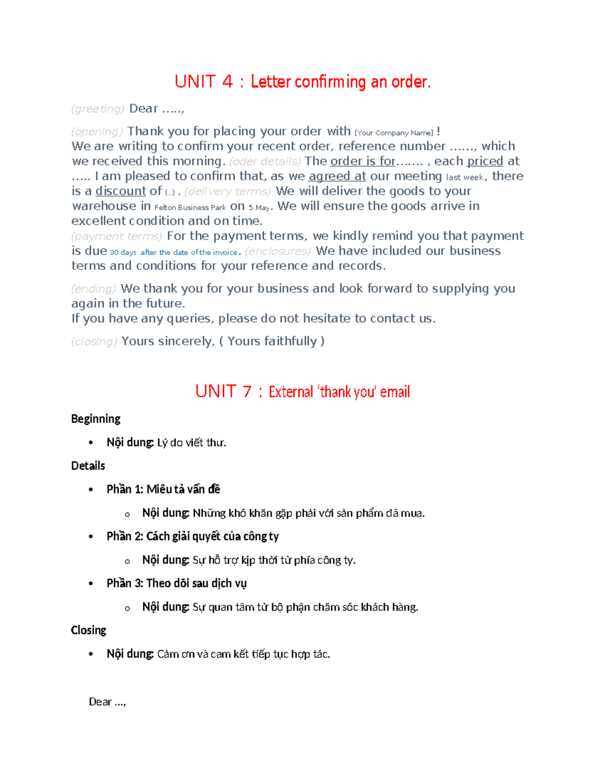 UNIT 4: Order Confirmation Letter Template for Final Test - Studocu