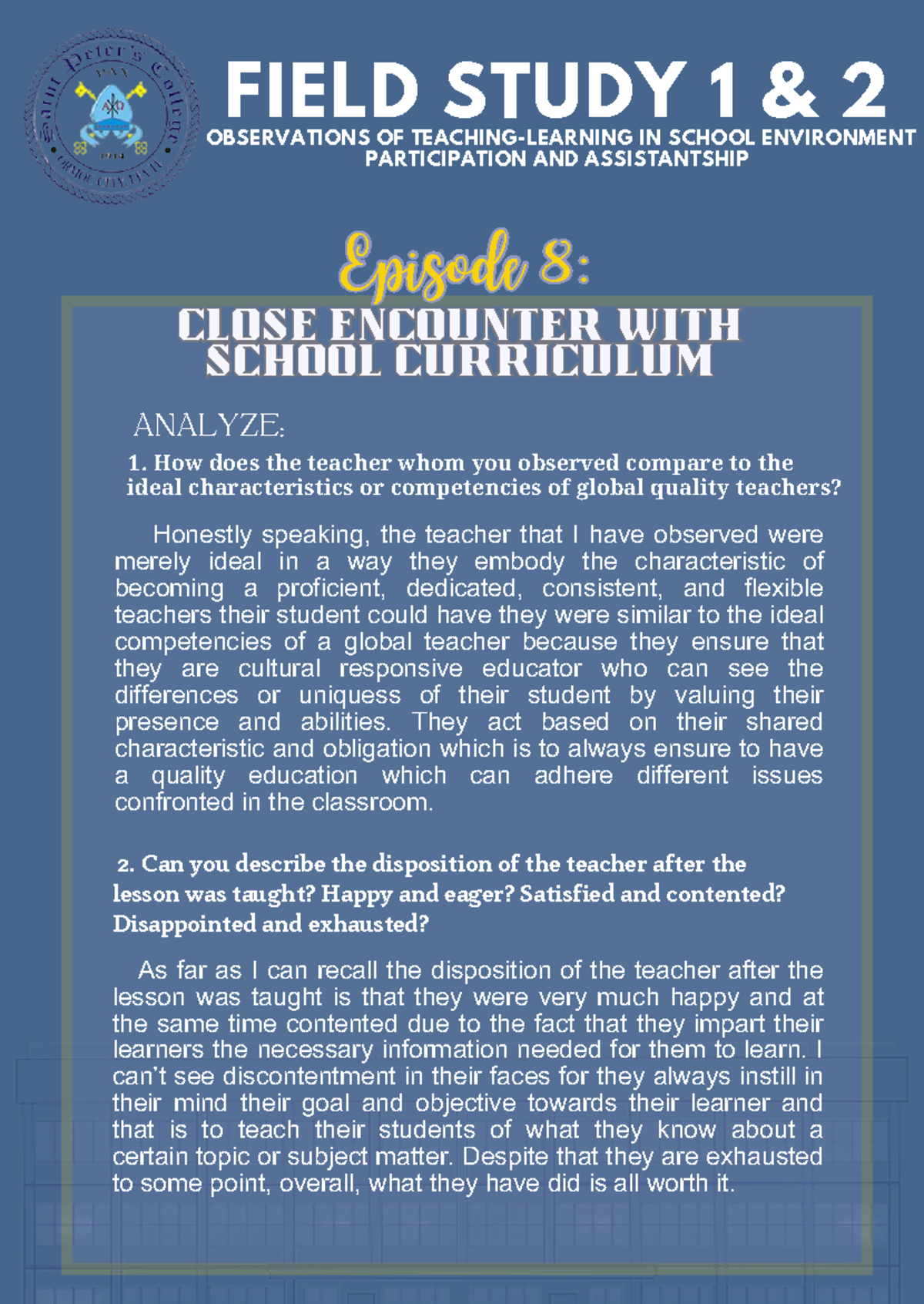 Shekinah Episode 8 - An exposition paper about an academic work - FIELD STUDY 1 & 2 OBSERVATIONS ...