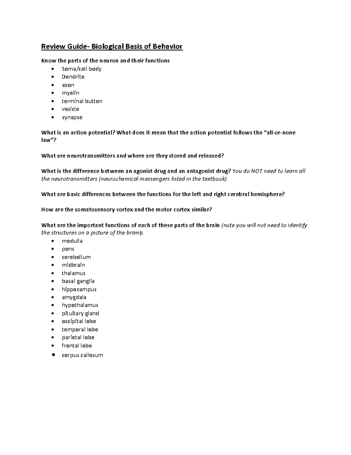Biological Basis of Behavior Review Guide: Neurons & Brain Functions ...