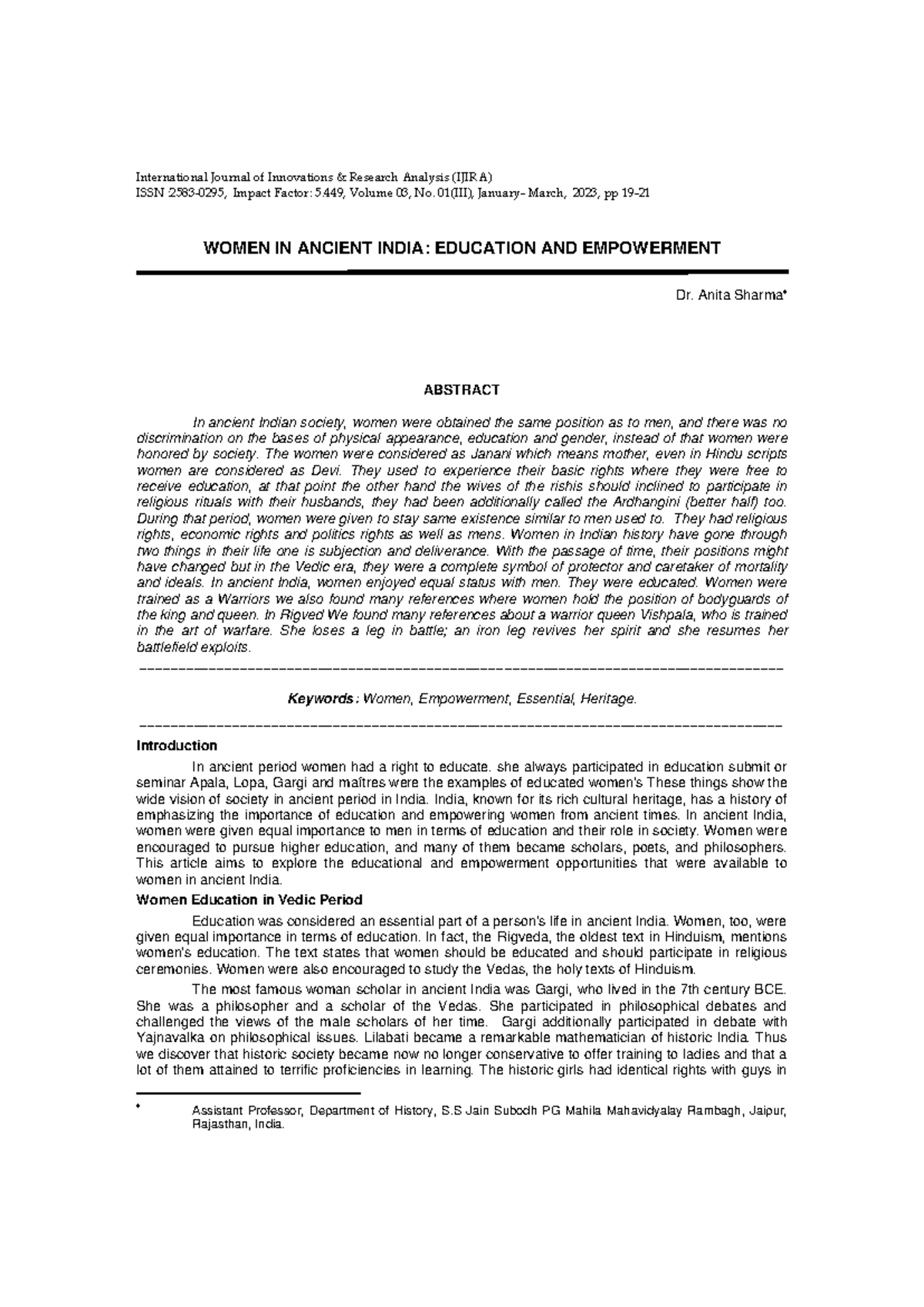 Women in Ancient India: Education & Empowerment Analysis (IJIRA) - Studocu