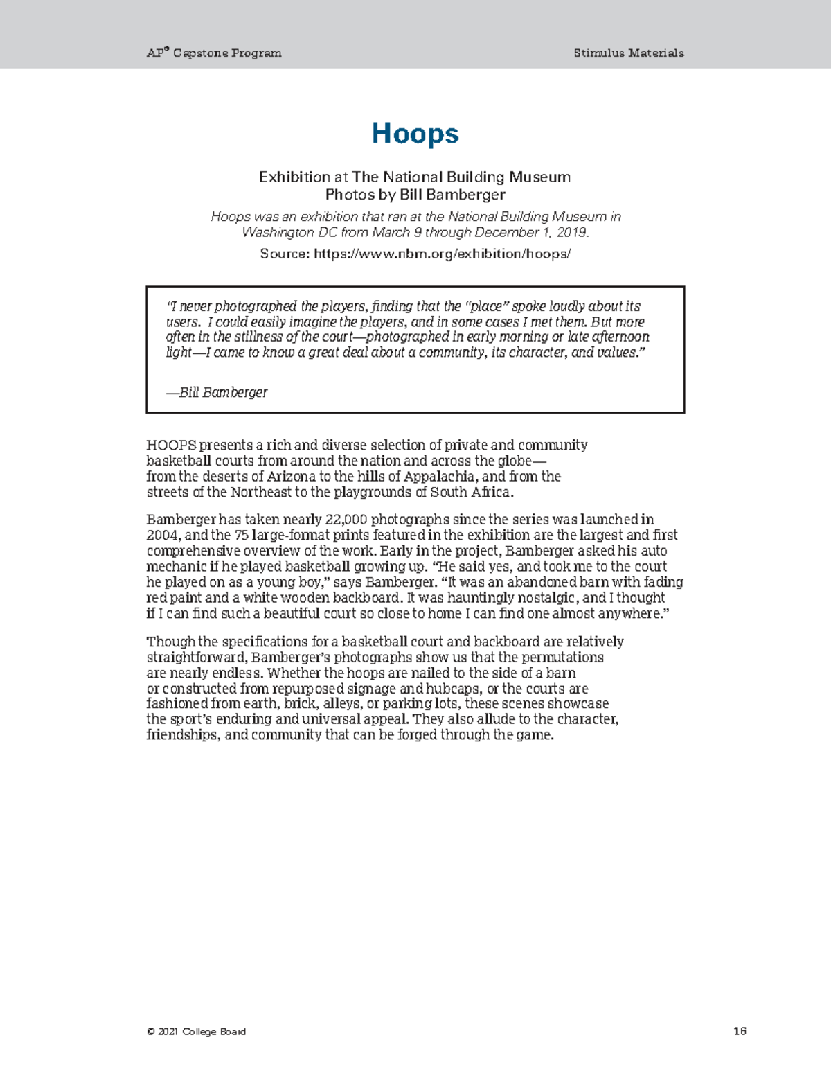 AP Seminar 2021 Capstone Program Stimulus: Bamberger's Hoops Exhibition ...