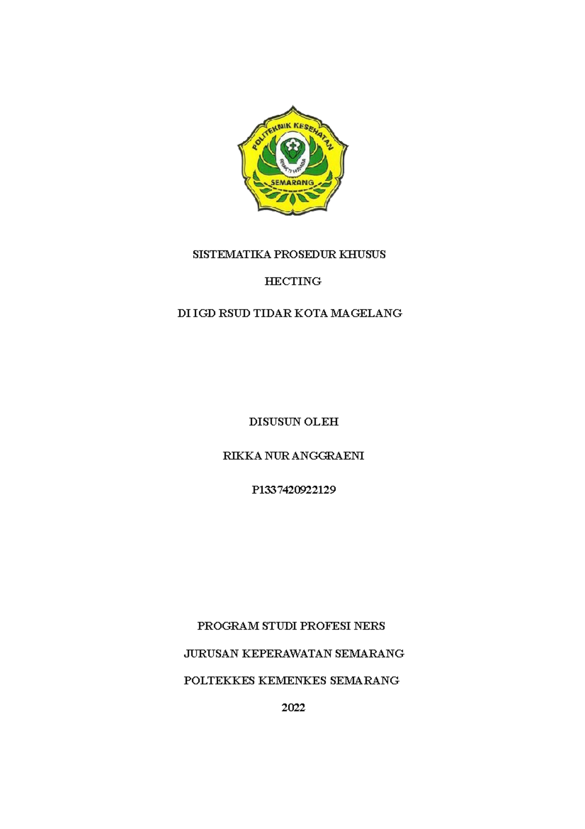 SOP Hecting Tindakan di IGD RSUD Tidar Kota Magelang - 2022 - Studocu