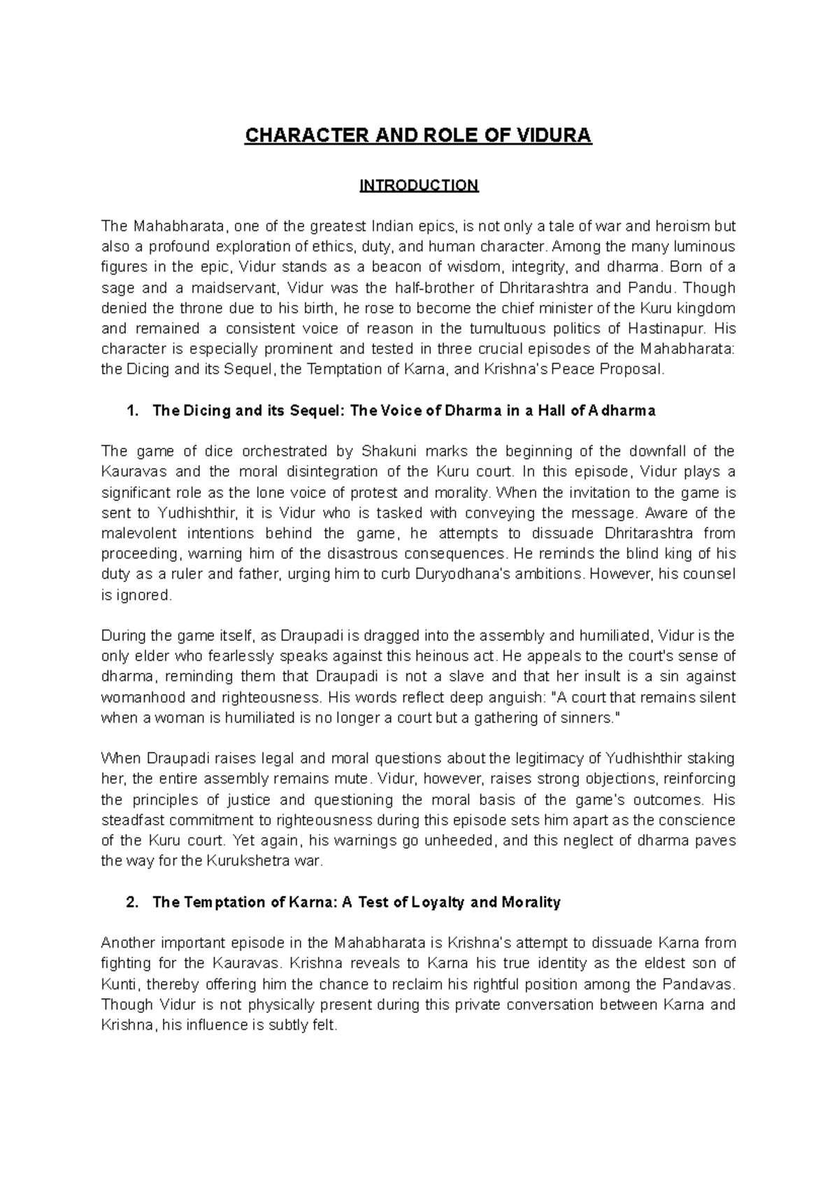 The Character and Role of Vidura in the Mahabharata: A Study - Studocu