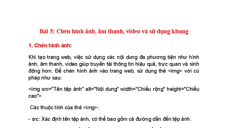 Bài 5: Chèn Hình Ảnh, Âm Thanh, Video và Sử Dụng Khung trong HTML - Studocu