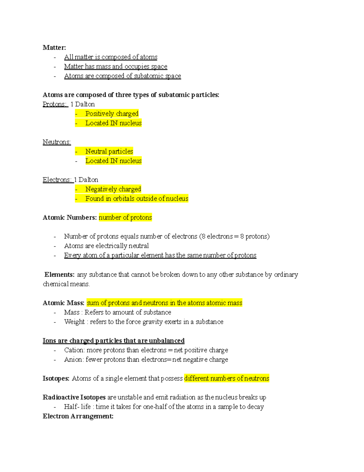Biology Notes: Matter, Atoms, & Chemical Reactions (BIO101) - Studocu
