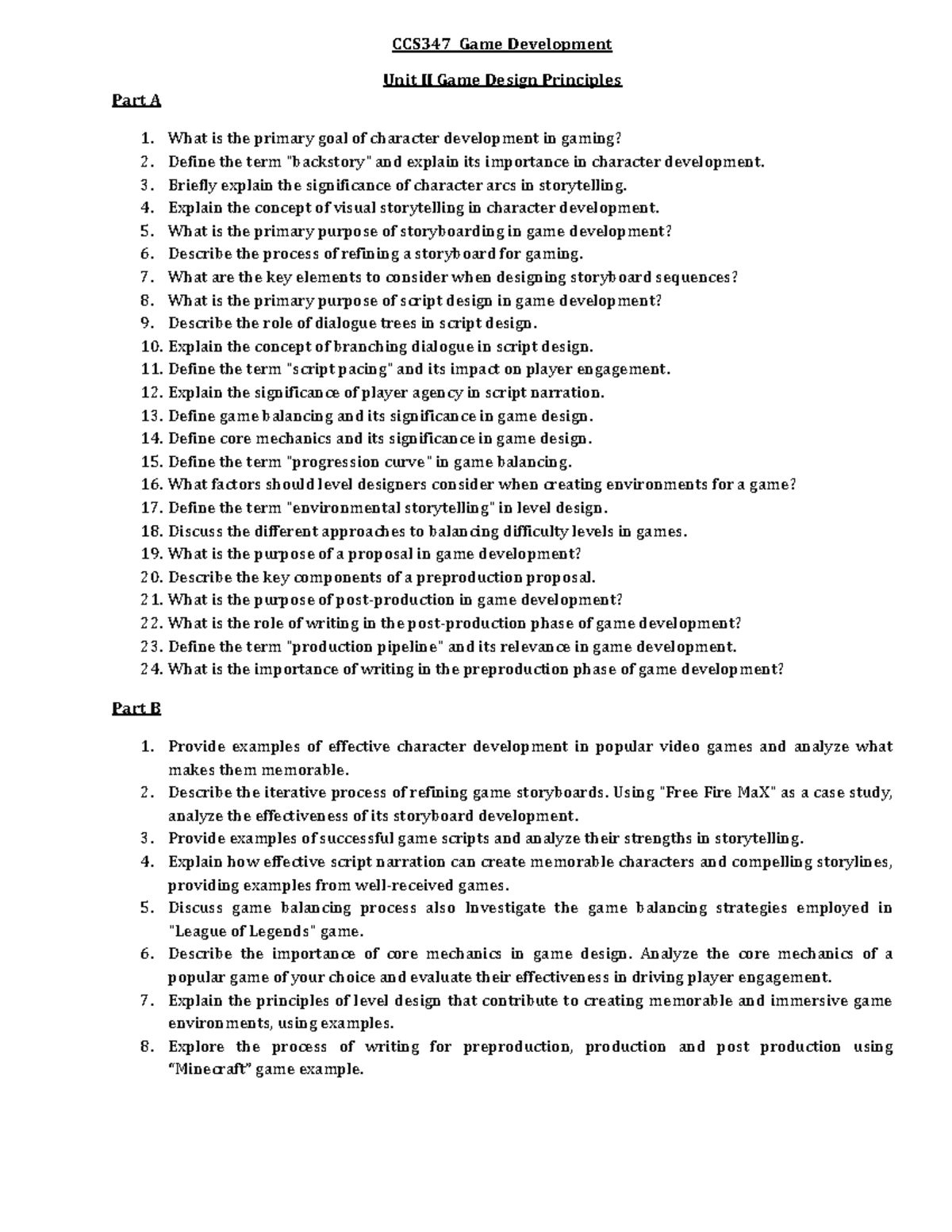 CCS347 Game Development Unit II Quiz - Game Design Principles - Studocu