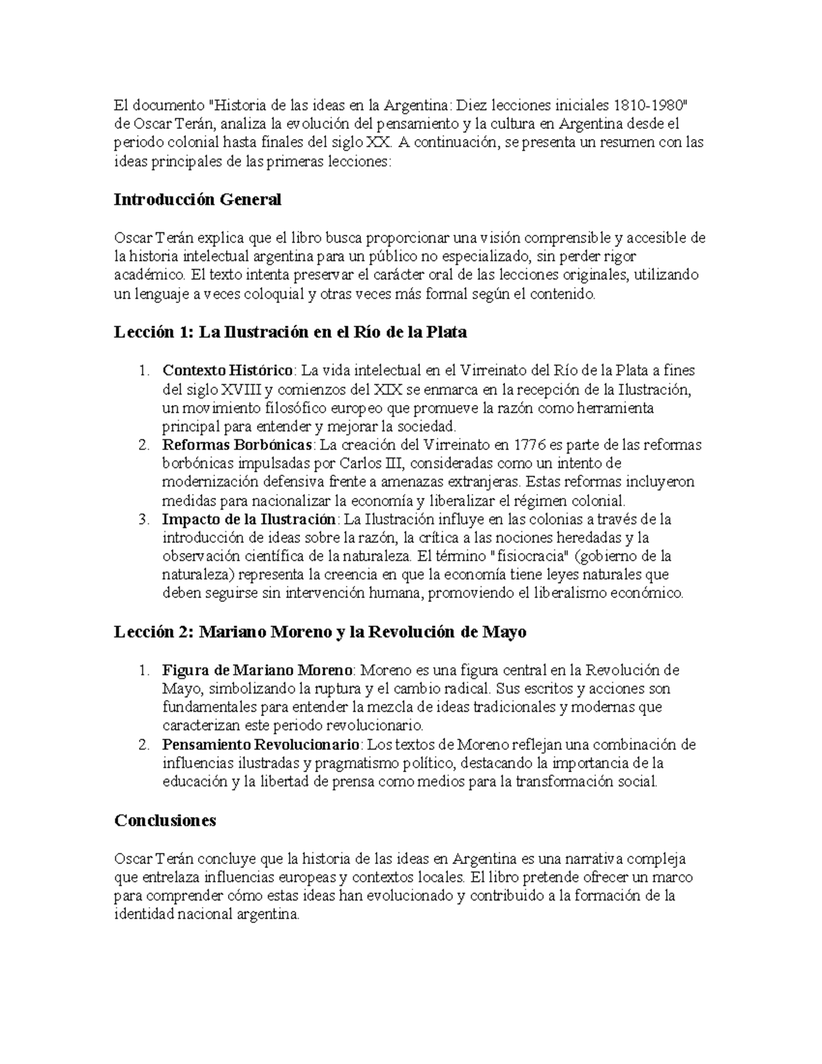 Resumen de las lecciones de "Historia de las ideas en la Argentina" - Oscar Terán (1810-1980 ...