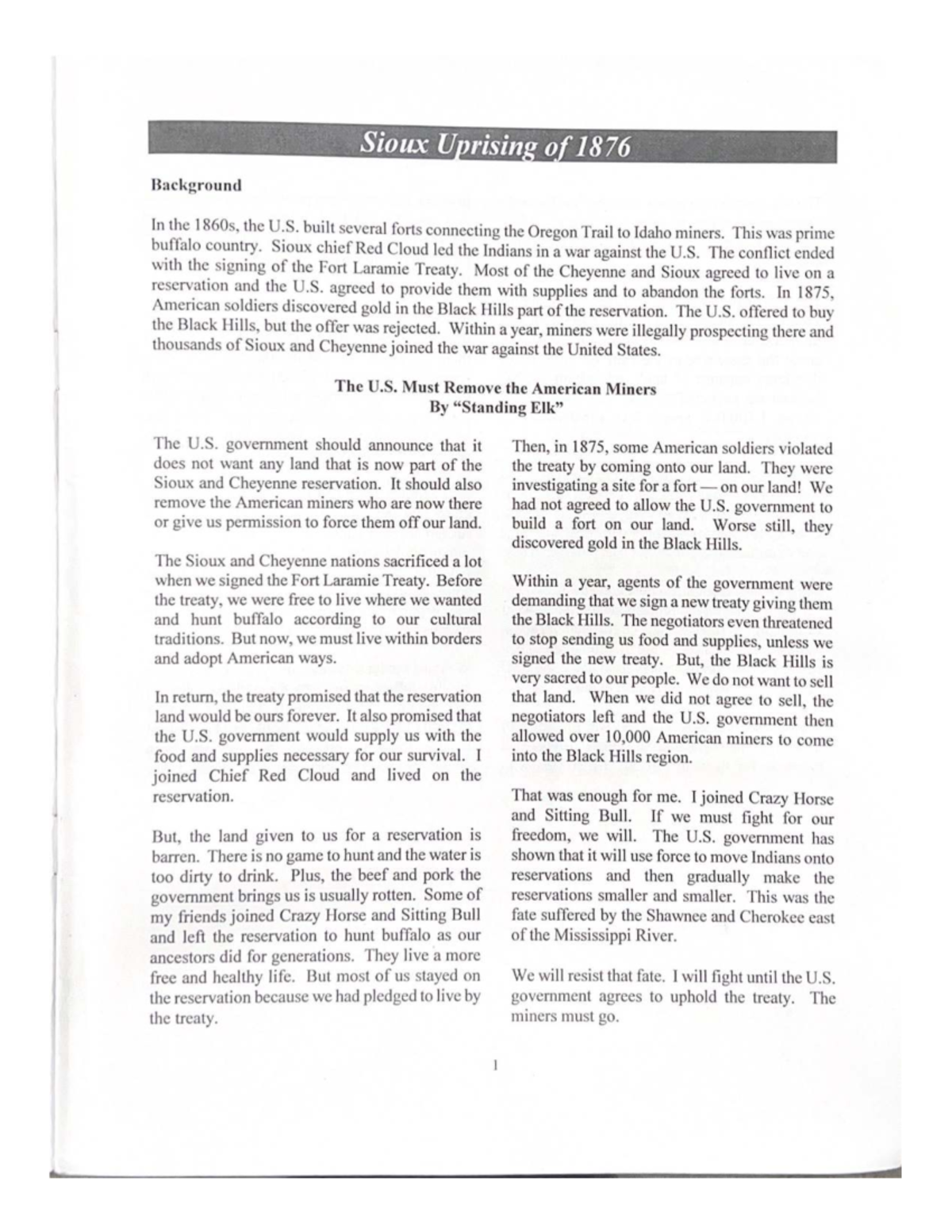 Sioux Uprising of 1876: U.S. History Reading Material - Studocu