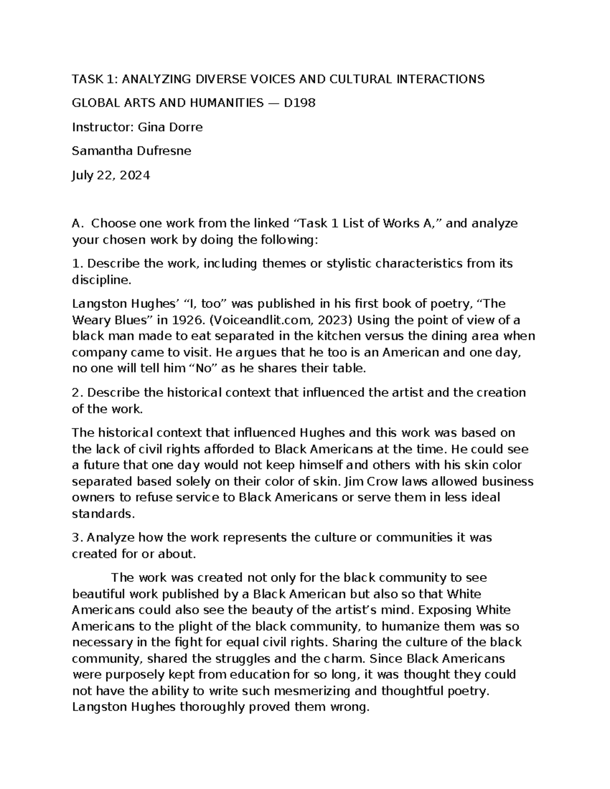 D198 Task 1 - Analysis of Diverse Voices in American Poetry - Studocu