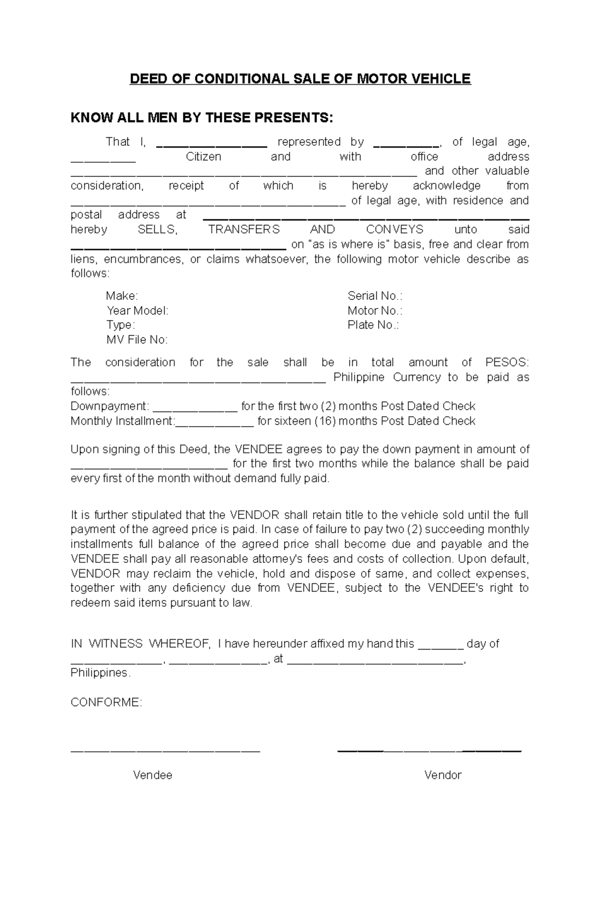 DEED OF CONDITIONAL SALE OF MOTOR VEHICLE Document Template - Studocu