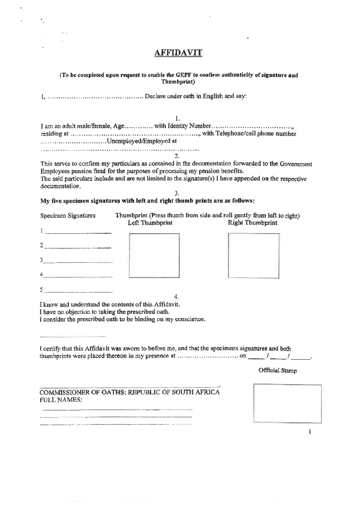 GEPF Affidavit Form for Signature & Thumbprint Verification - Studocu