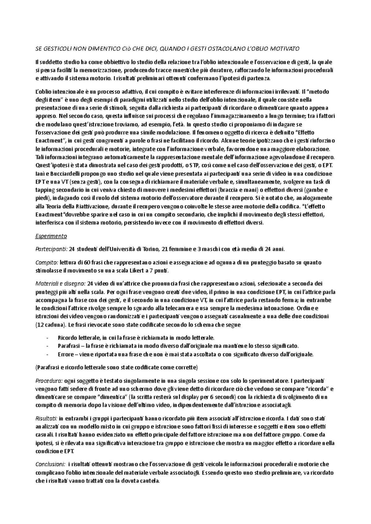 SE GESTICOLI NON DIMENTICO: Studio sulla Memoria Intenzionale e Gesti ...