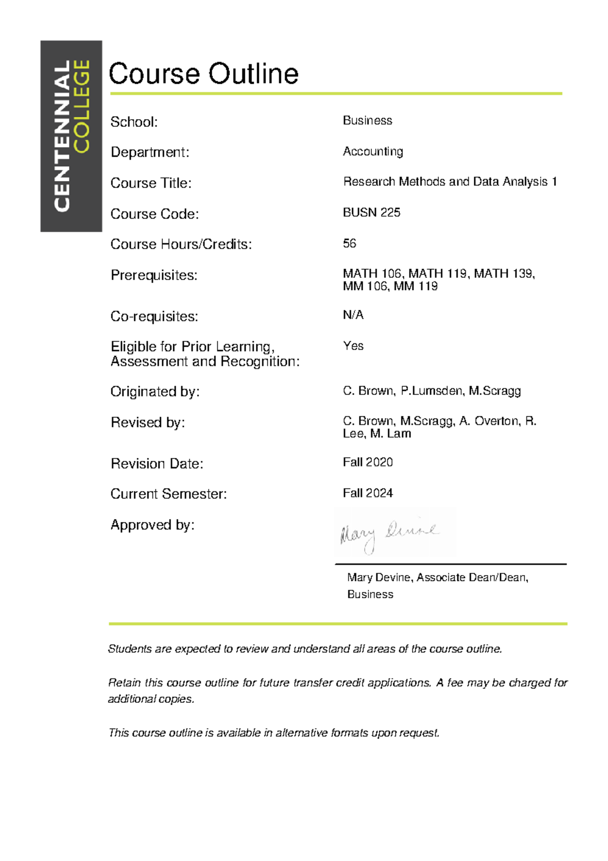 BUSN 225 F24 - Research Methods & Data Analysis 1 Course Outline - Studocu
