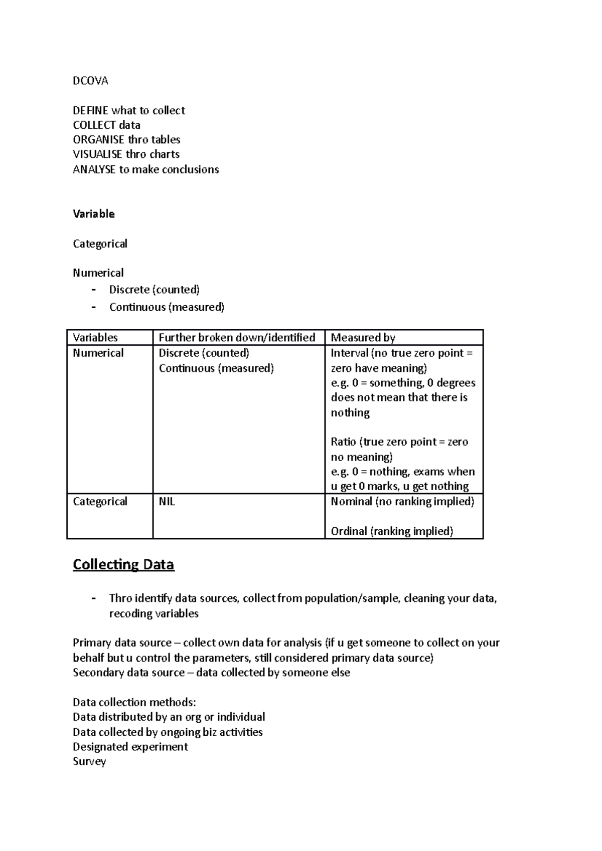 STATS 101 cheatsheet and notes - DCOVA DEFINE what to collect COLLECT ...