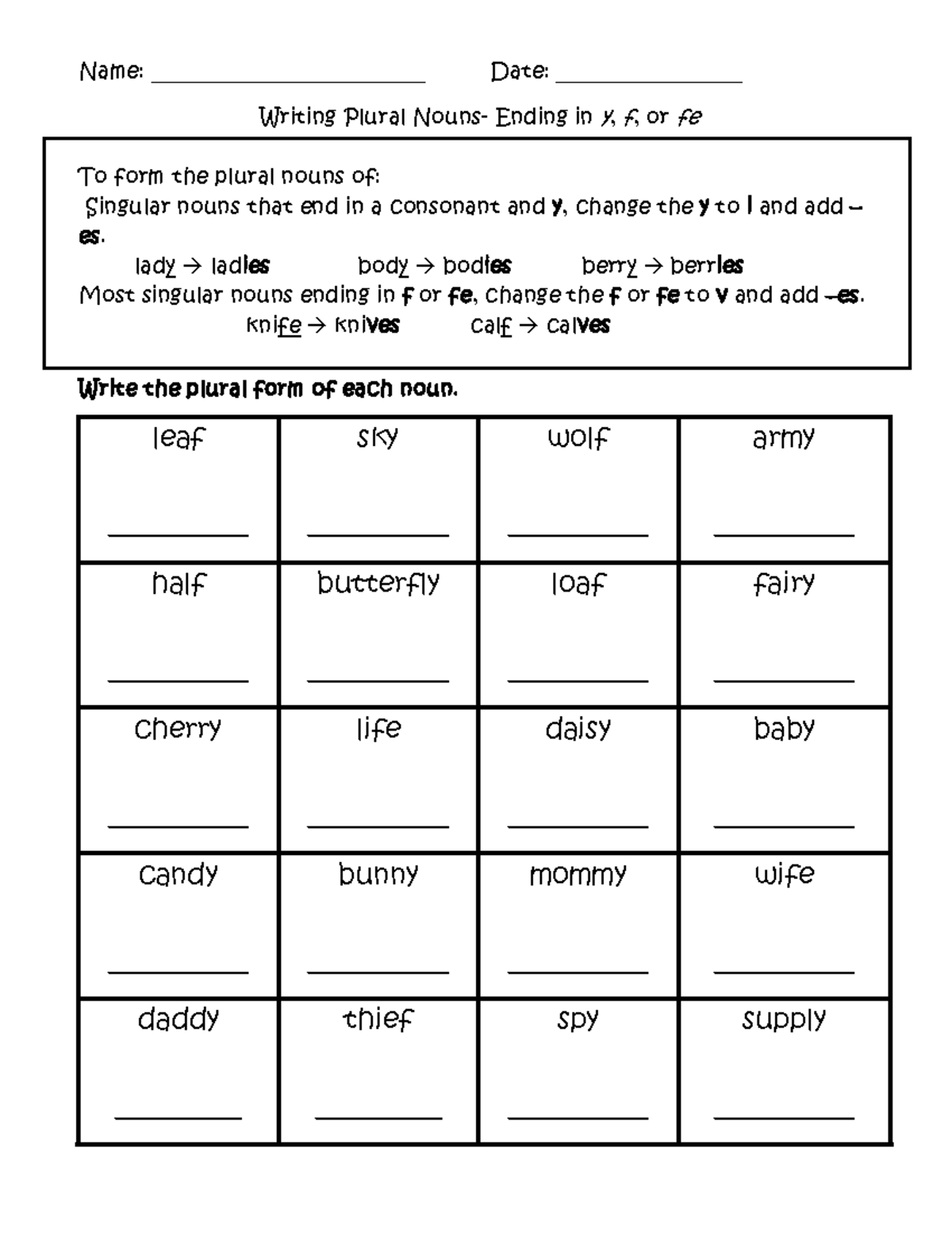 Grade 7 Plural Nouns Worksheets: Fill-in and Identification Activities ...