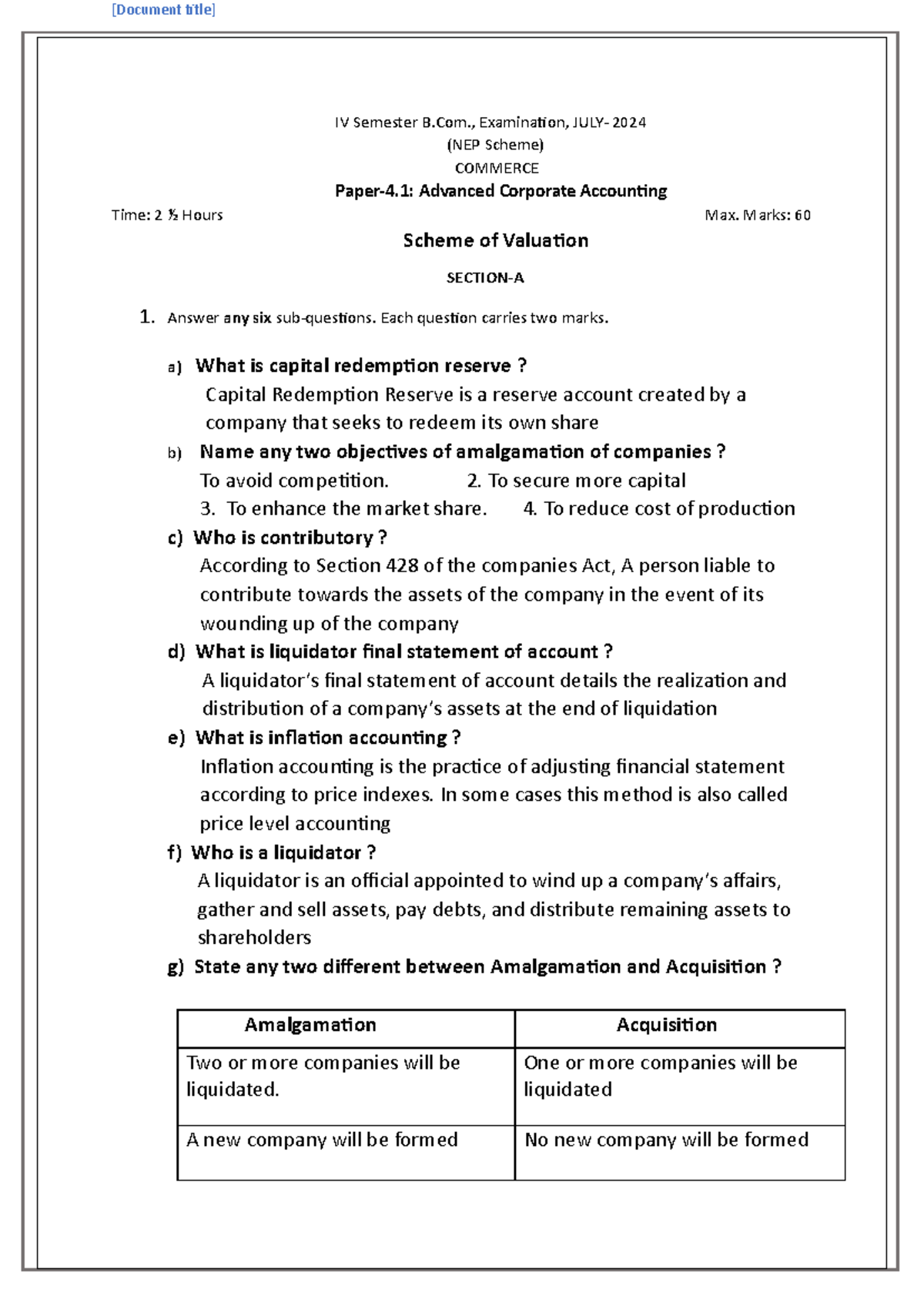 ACA 2024 Advanced Corporate Accounting Exam Valuation Guide - Studocu