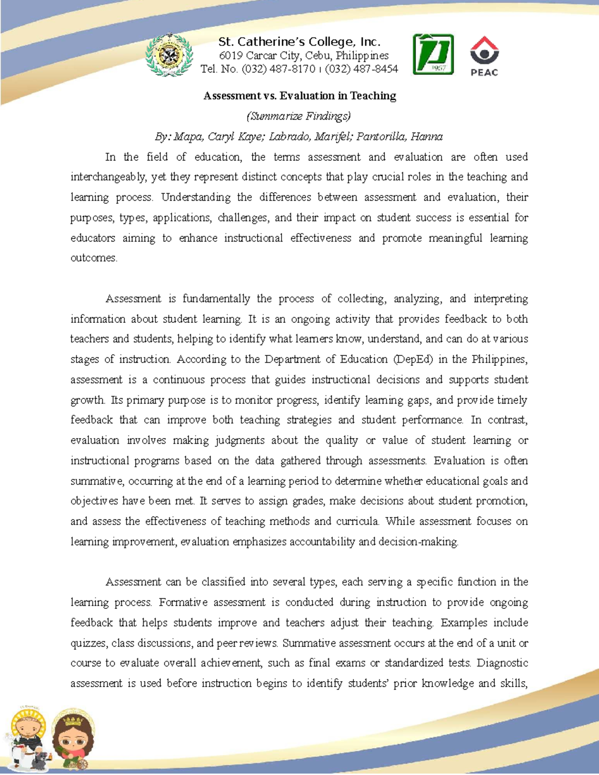 Assessment vs. Evaluation in Teaching: Summary by Group 3 - Studocu