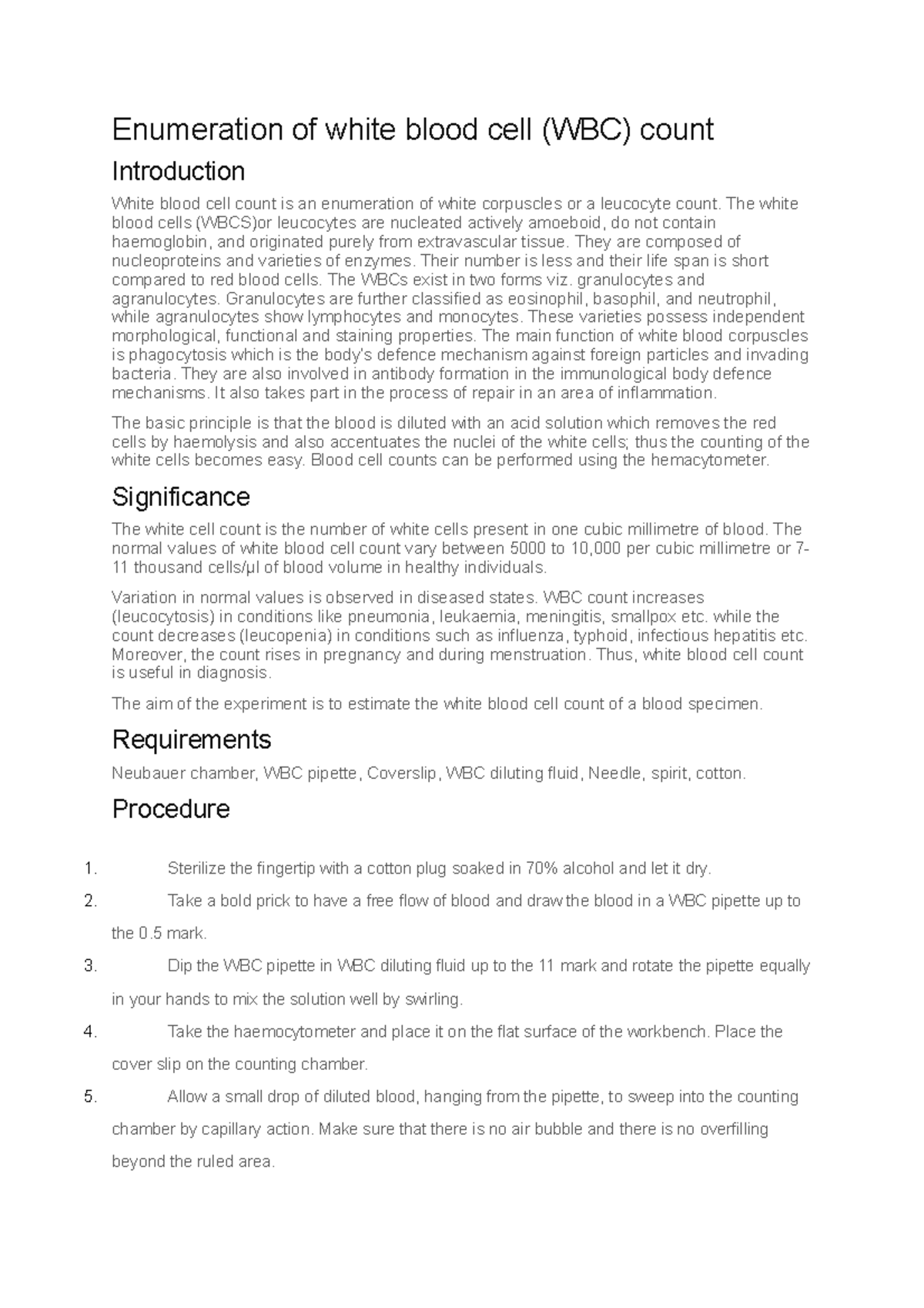 WBC Count Enumeration - Practical Lab Procedure & Significance - Studocu