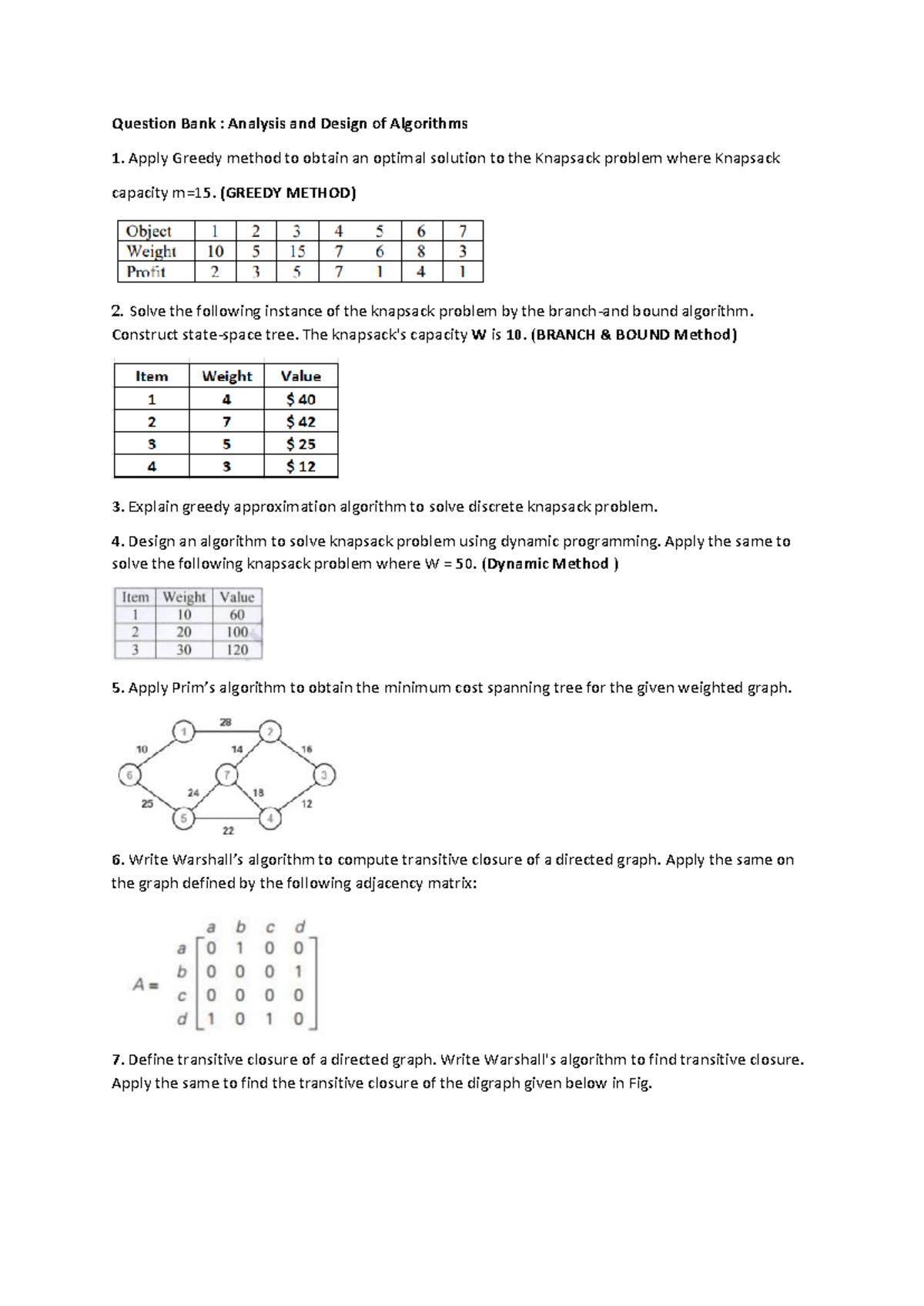DAA Question Bank: Algorithms & Techniques for Knapsack Problems - Studocu