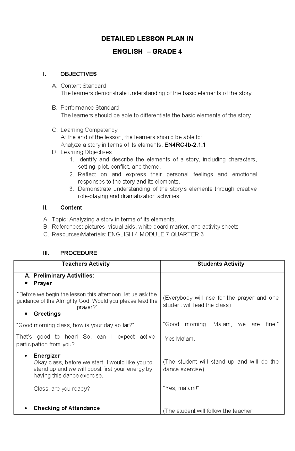 Detailed Lesson Plan: Analyzing Story Elements - English 4 DLP - Studocu