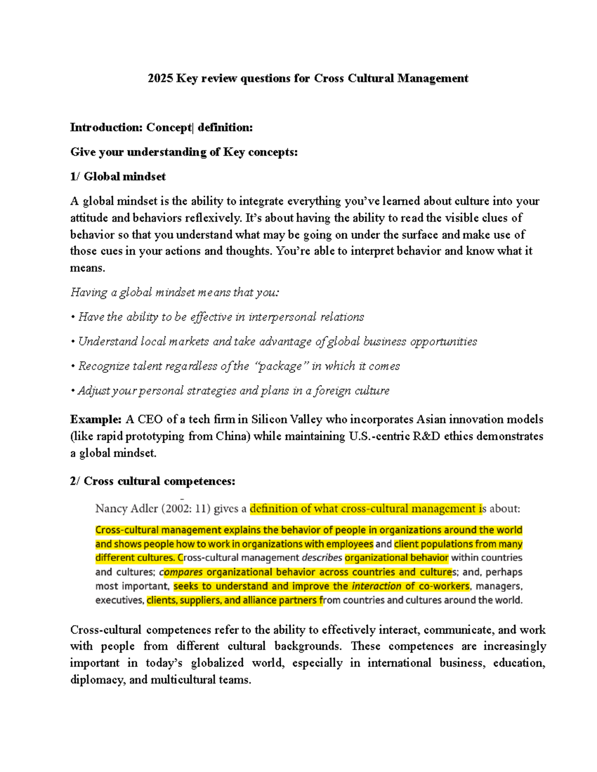 2025 Key Review Questions for Cross Cultural Management (QTĐVH) - Studocu