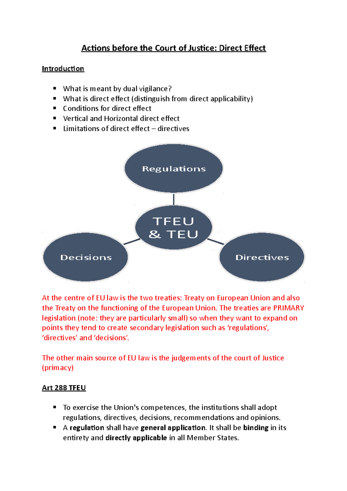 Direct effect (week 3 notes) - Actions before the Court of Justice ...