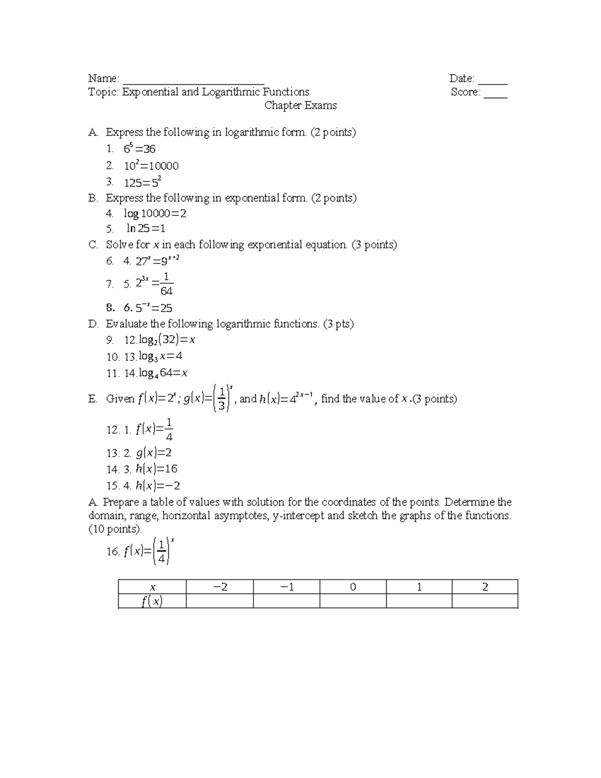 QUIZ - Exponential and Logarithmic Functions Review - Studocu