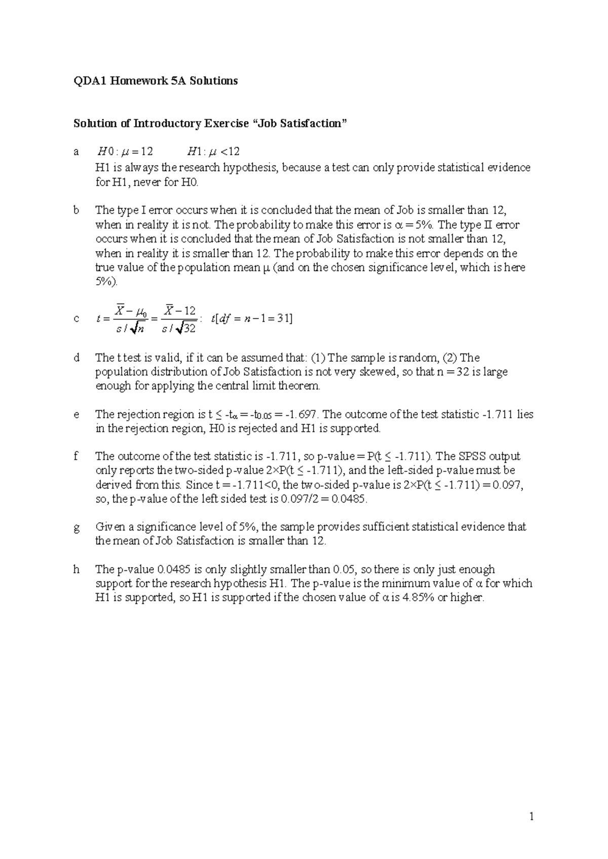 QDA1 Homework 5A: Statistical Hypothesis Testing Solutions - Studeersnel