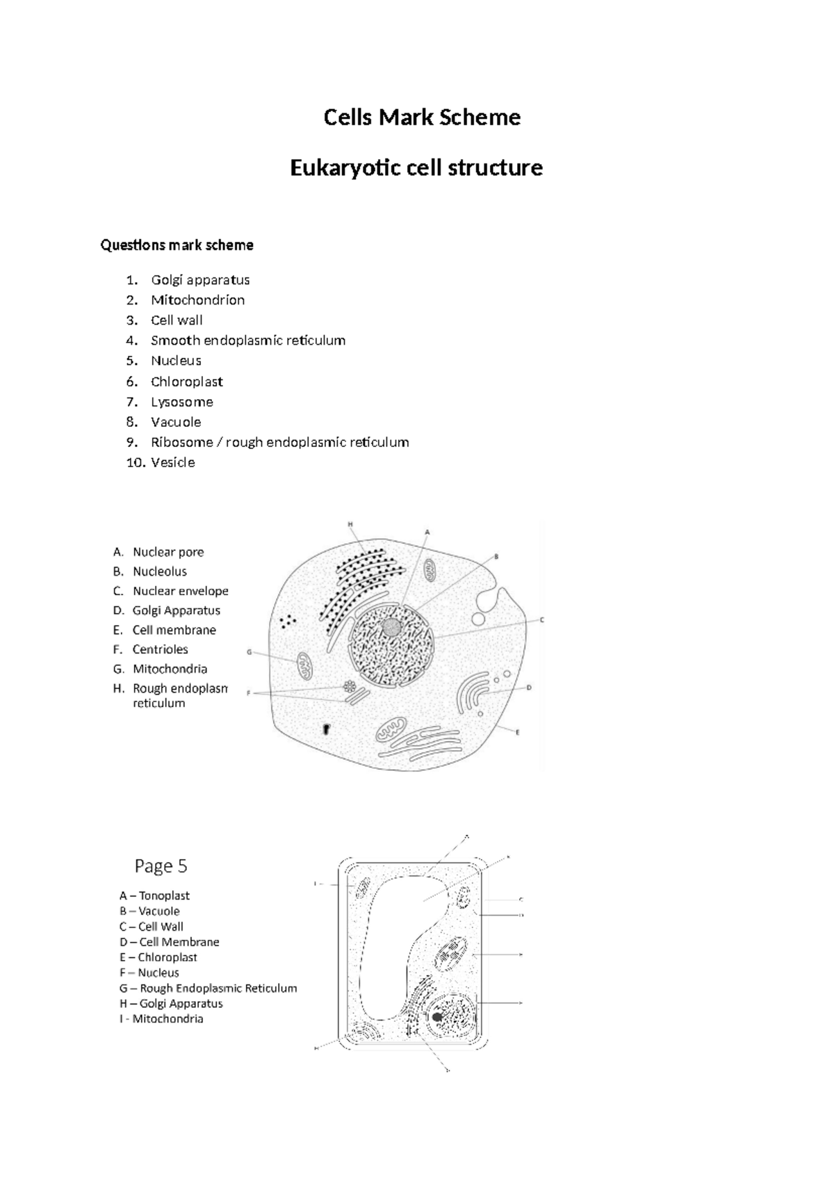 1.1 test - test pracrice - Cells Mark Scheme Eukaryotic cell structure ...