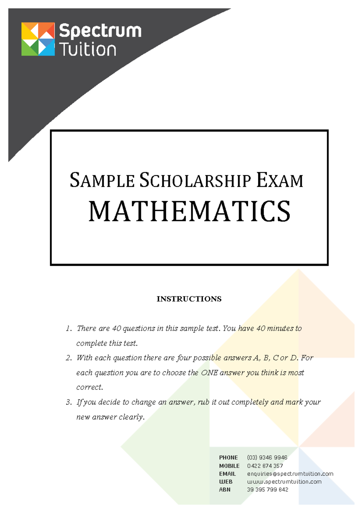 Sample School Exam Maths (40 Questions) - Studocu