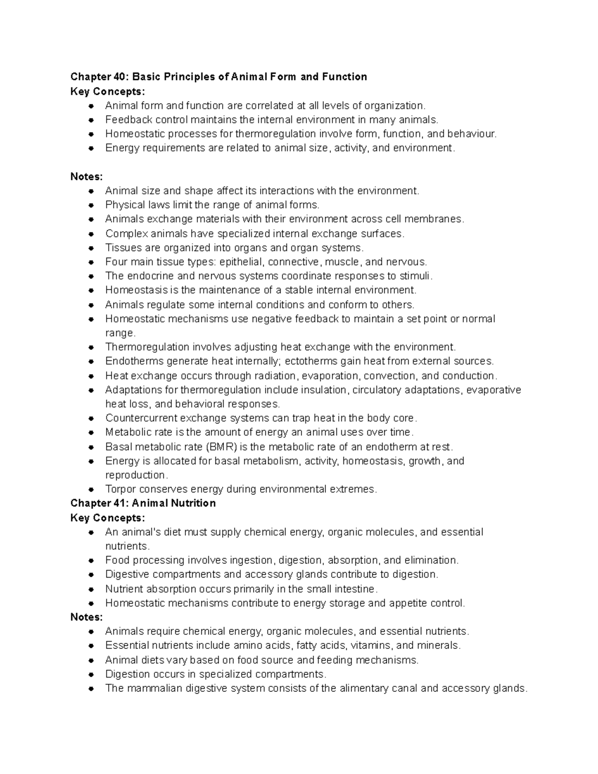 BIOL103 - Chapter Notes on Animal Form, Function, Nutrition, and ...