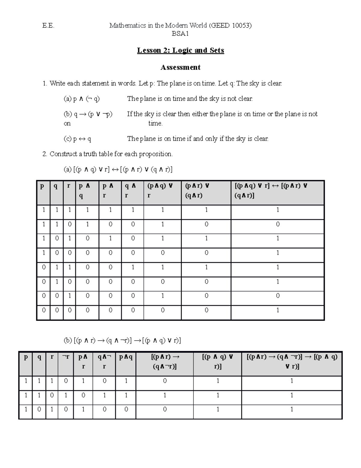 GEED 10053 - MMW Lesson 2: Logic, Sets, and Truth Tables - Studocu