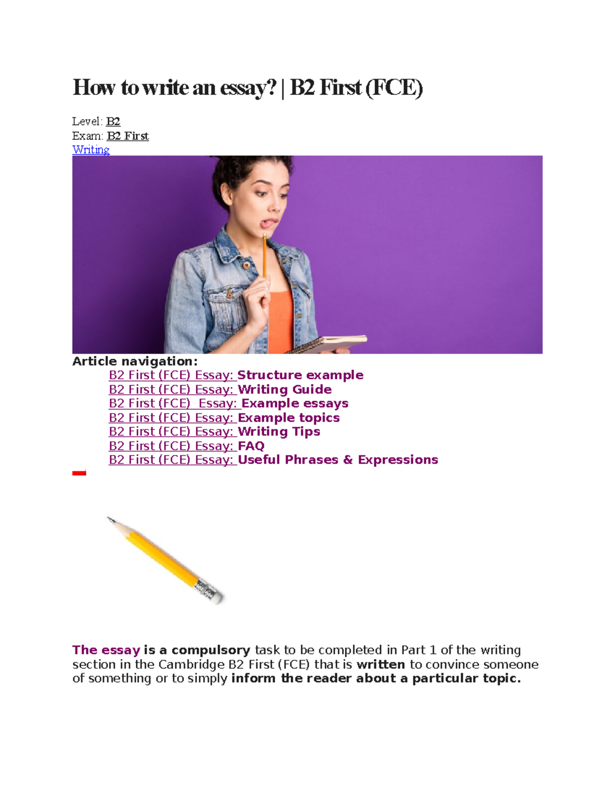 B2 First (FCE) Essay Writing Guide: Tips & Structure - Studocu