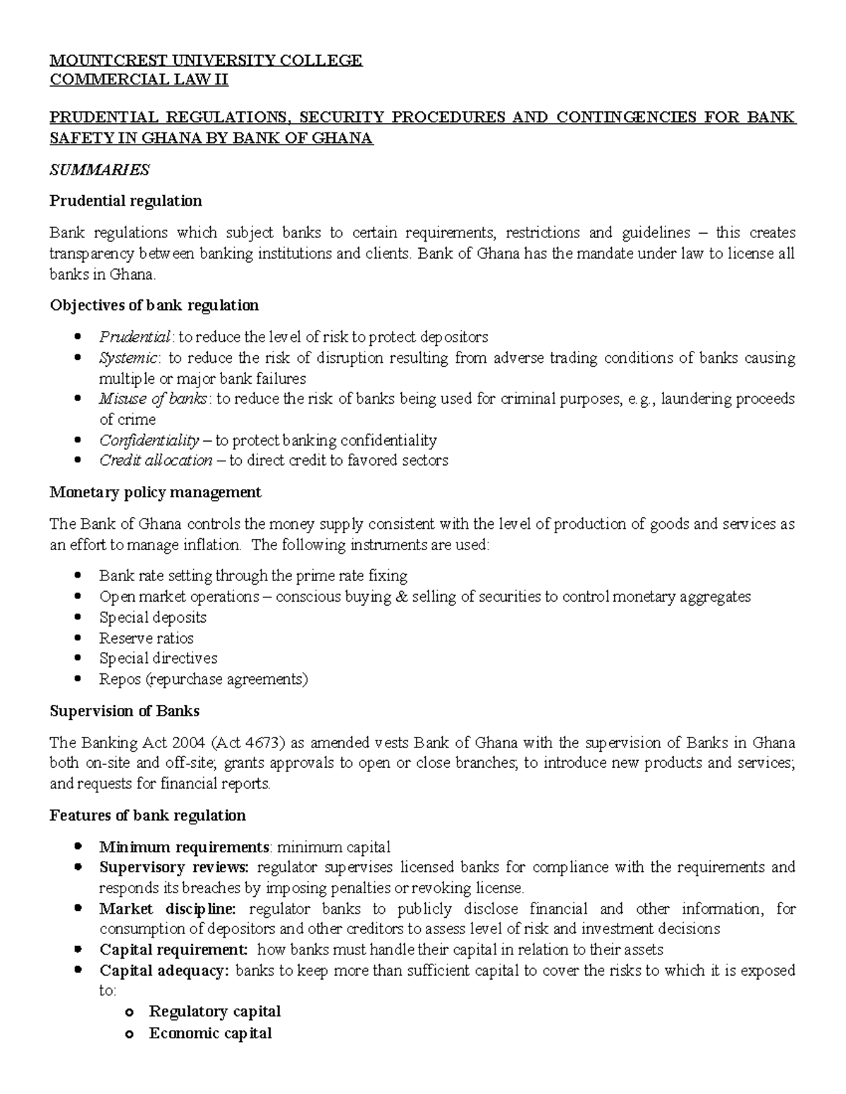 Banking LAW - Prudential Regulations & Security Procedures - Studocu