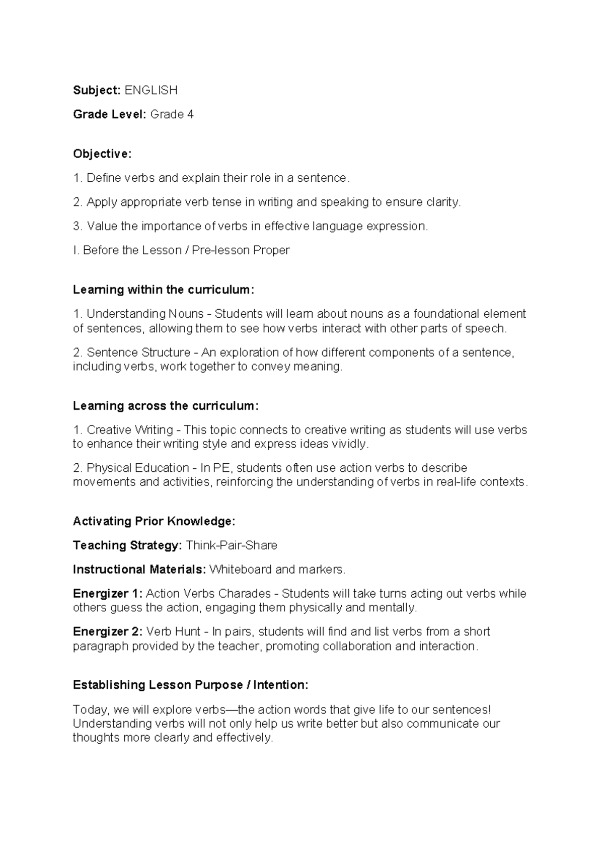 ENGLISH 4: Lesson Plan on Understanding and Using Verbs - Studocu
