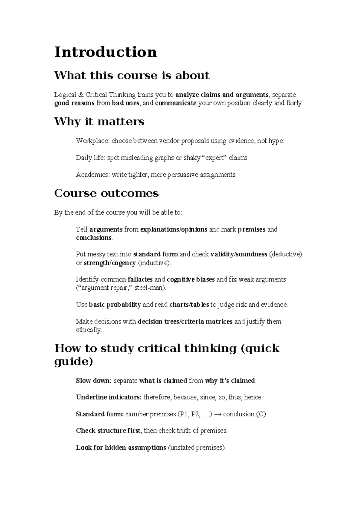 Critical Thinking Course Overview and Study Guide LN - Studocu