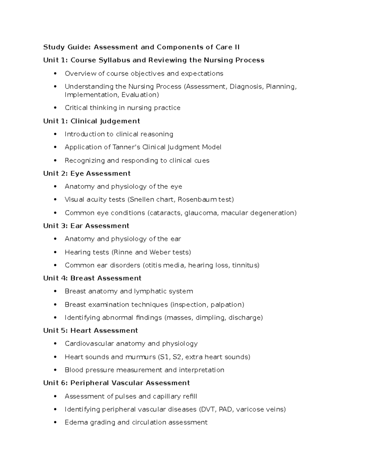 Assessment and Components of Care II Study Guide - Studocu