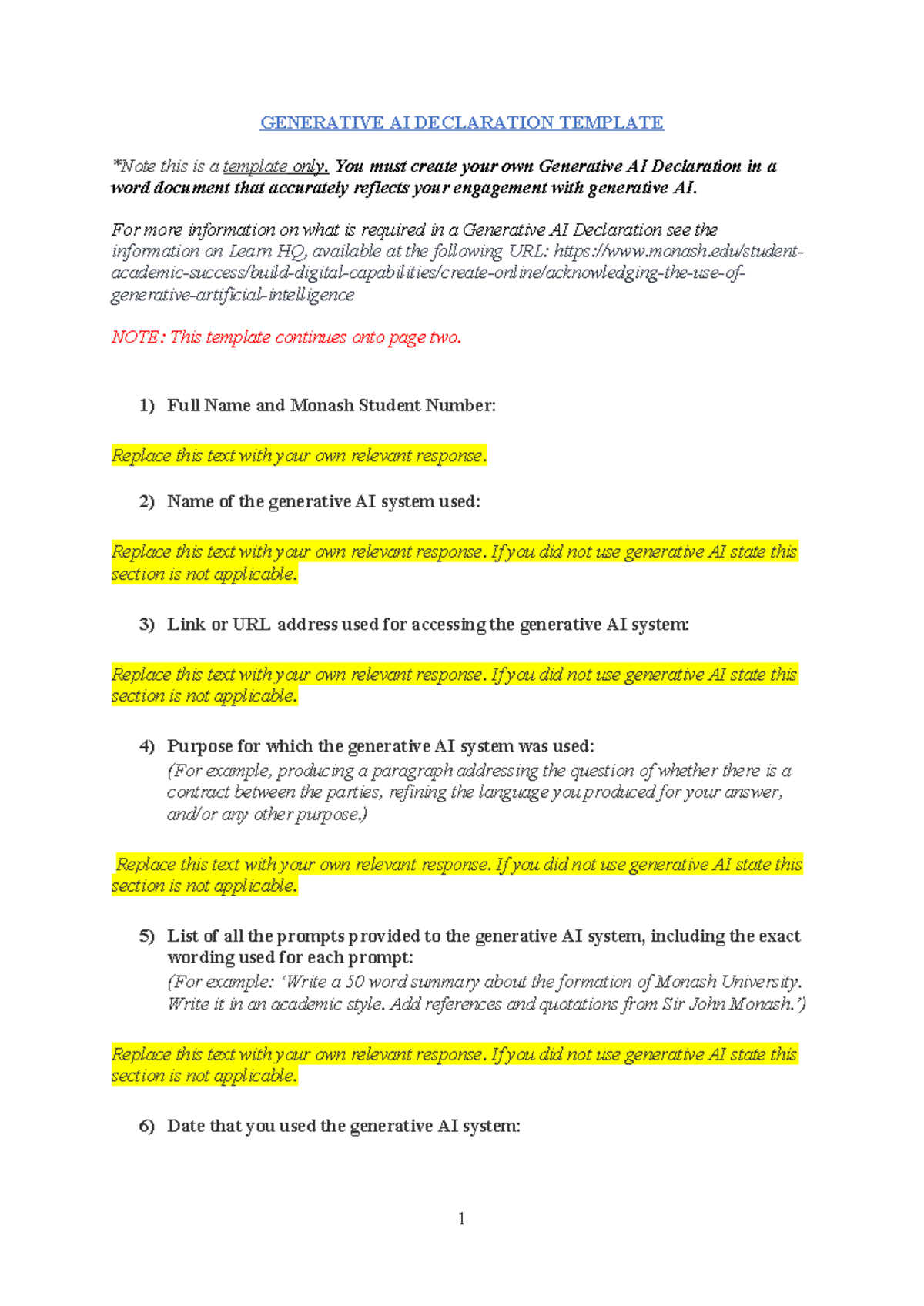 GENERIC AI DECLARATION TEMPLATE - MONASH STUDENT USE - Studocu