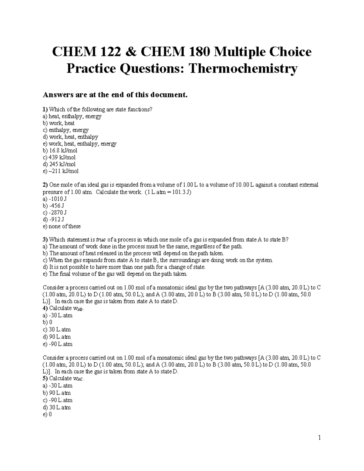 CHEM 122 Multiple Choice Practice Questions: Thermochemistry - Studocu