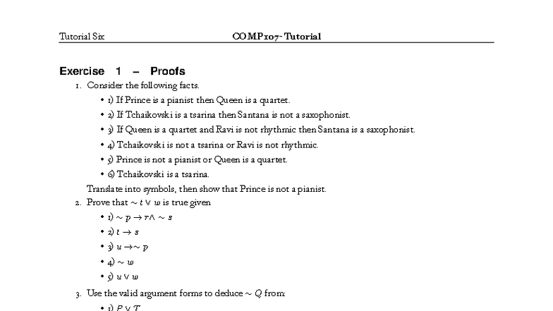COMP107 Tutorial Six: Proofs and Quantifier Logic Exercises - Studocu